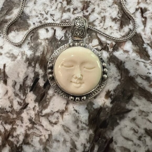 Jewelry | Moon Face Carved Bone Cameo Pendant 825 Stamped Silver ...